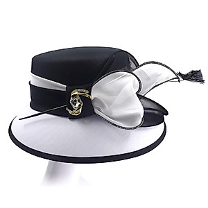 June's Young Women Church Hats Formal Dress Derby Hats with Feather Elegant Bucket Hats (Black/white)