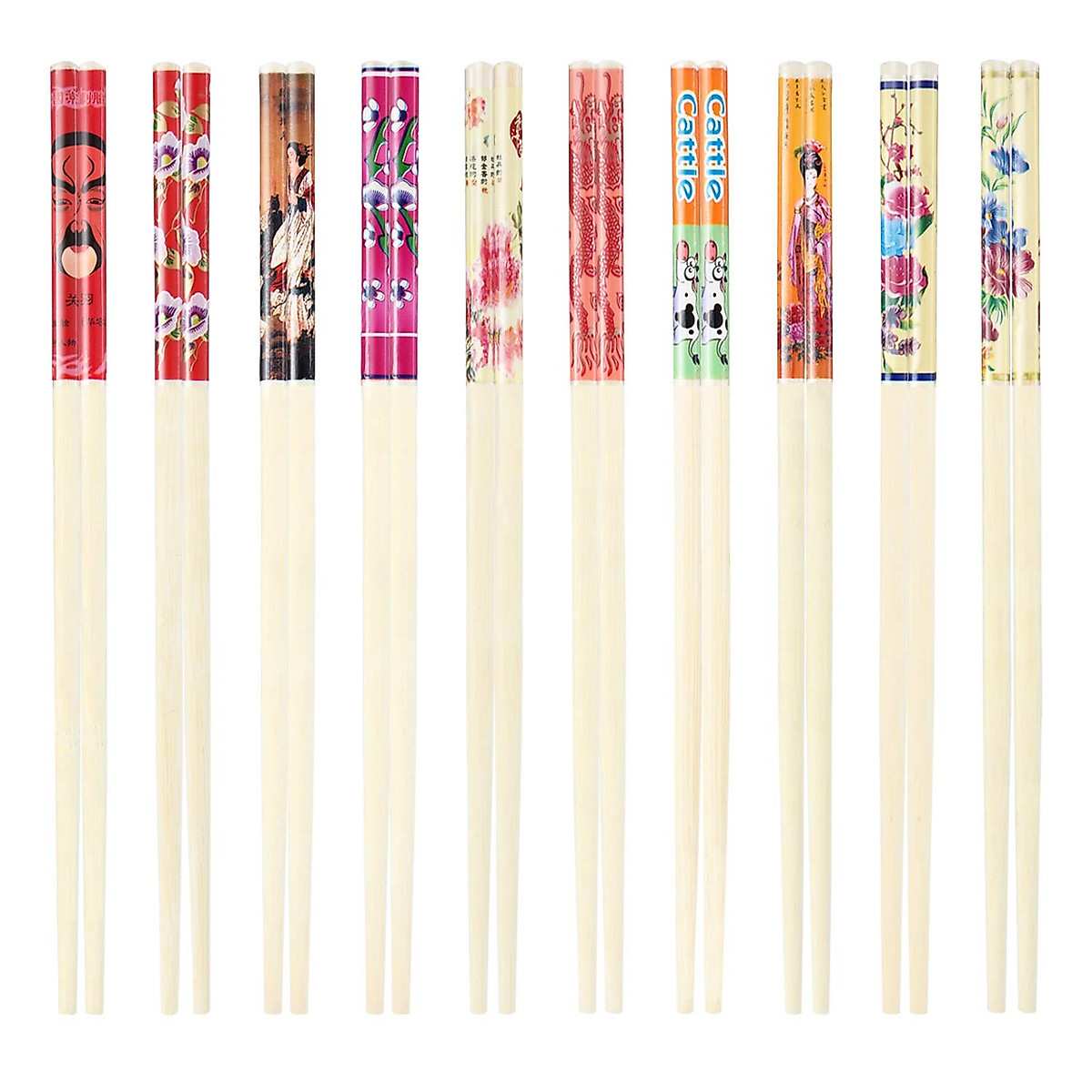 Hotop 20 Pairs Chinese Bamboo Chopsticks with Elegant Silk Brocade Pouch Multicolored for Chinese New Year and Valentine's Day