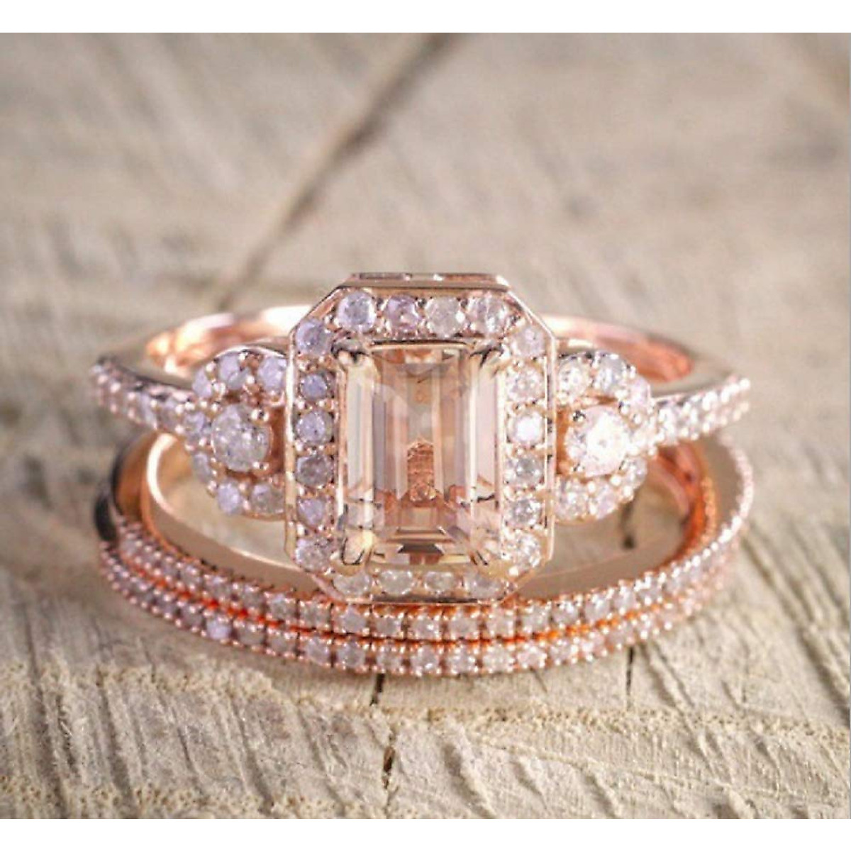 LRGKMCWTOB Gorgeous 18K Rose Gold Filled Morganite Ring Engagement Bridal Women Jewelry Set Size 6-10 (Size 8)
