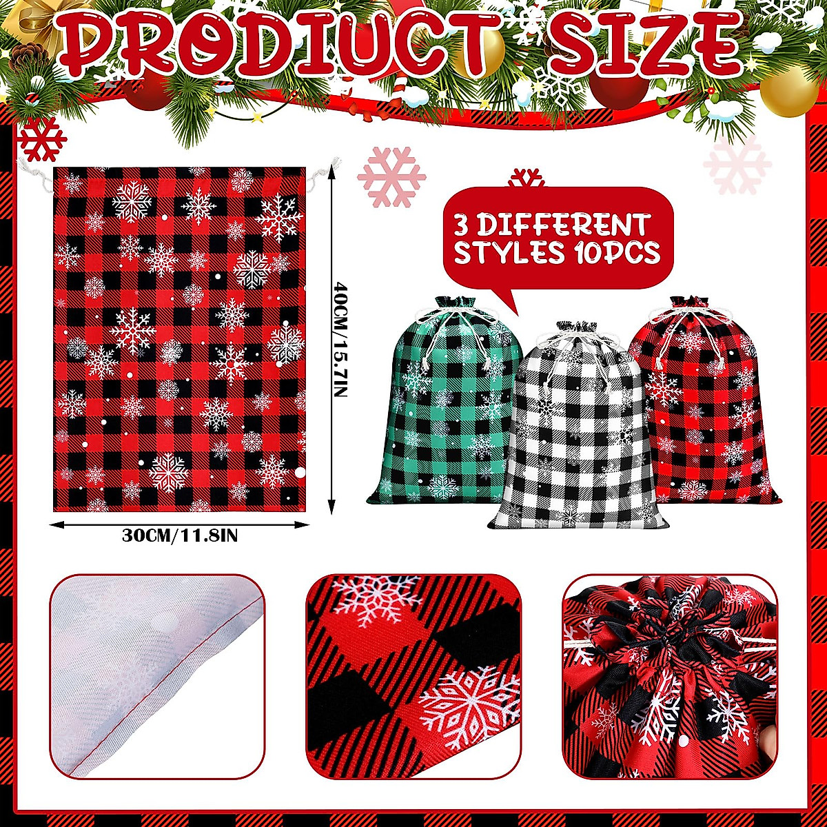 Shappy 10 Pcs Christmas Buffalo Plaid Drawstring Bags Drawstring Gift Bags Large Sacks Xmas Wrapping Bags Cotton Drawstring Bags Sack for Party Favors Candies (Red, Green, Black,12 x 16 Inch)