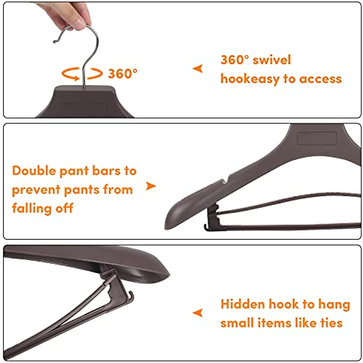 DEDU Plastic Extra Wide Shoulder Suit Hangers for Men 20 Pack Width 17.3", Brown Sweater Hangers no Shoulder Bump Non Slip for Thick Sweaters, Clothes Hangers with Pants Bar 360° Swivel Metal Hook