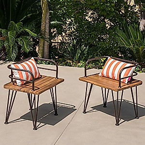 Christopher Knight Home Zion Outdoor Industrial Acacia Wood Chairs with Iron Frame, 2-Pcs Set, Teak Finish / Rustic Metal