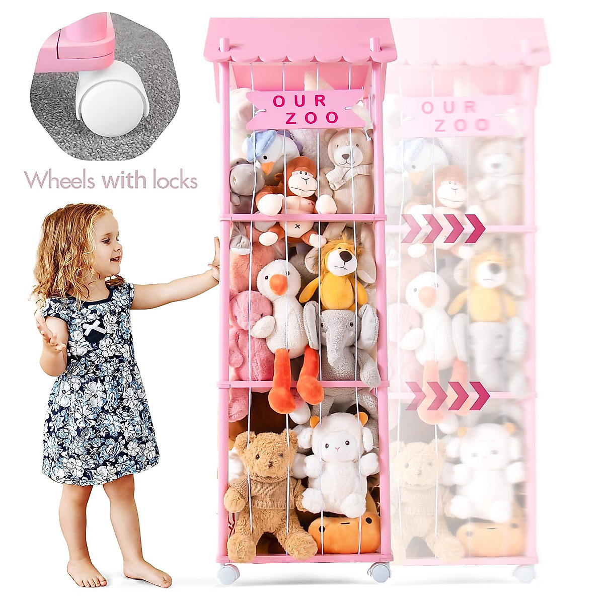 mloong Large Stuffed Animal Zoo Storage, 58" Tall Wooden Stuffed Animal Cage, Stuffed Animal Zoo Wood Soft Toy Organizer, Applicable Kids Nursery Play Room Bedroom (Pink)