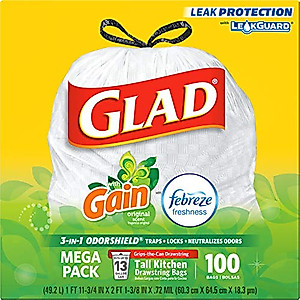 GLAD ForceFlex Tall Drawstring Trash Bags, 13 Gallon White Trash Bags for Tall Kitchen Trash Can, Gain Original Scent to Eliminate Odors, 100 Count - Packaging May Vary