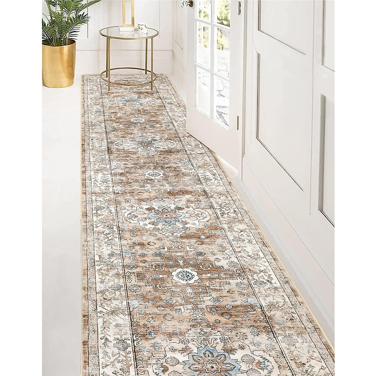 Pauwer Hallway Runner Rug 2x10 Washable Rugs Runner Non Slip Carpet Runner Boho Farmhouse Vintage Throw Area Rugs Floor Runner for Hallway Kitchen Entryway Laundry Room Bedroom Bathroom, Cream Tan