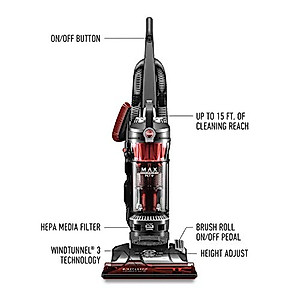 Hoover WindTunnel 3 Max Performance Pet, Bagless Upright Vacuum Cleaner, HEPA Media Filtration, For Carpet and Hard Floor, UH72625, Red