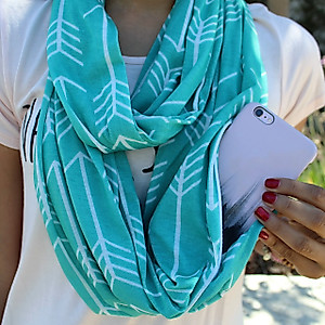 Pop Fashion Arrow Pattern Infinity Scarf for Women - Lightweight, Comfortable Travel Scarf with Hidden Zipper Pocket to Store Phone, Keys, and Wallet - Fashion Scarf for All Seasons (Teal)