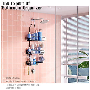 Shower Caddy Hanging Bathroom Organizer: Over Head Adjustable Rack for Tall Showerhead - Extra Large Storage Shelf for Big Shampoo Bottles with Soap Holder