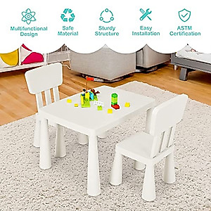 Costzon Kids Table and Chair Set, 3 Piece Plastic Children Activity Table for Reading, Drawing, Snack Time, Arts Crafts, Preschool, Kindergarten & Playroom, Easy Clean, Toddler Table & Chair (White)