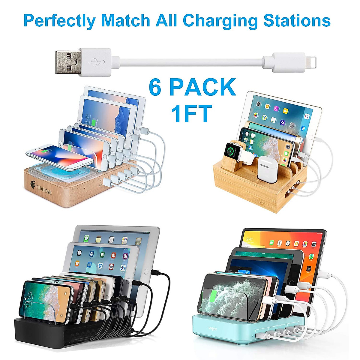 Short Phone Charger Cable (6 Pack 1 FT Cord) Compatible with Cellphone, All USB Charging Station, CLZHome Fast Charge & Sync Data Cables for Phone 11 Pro Xs MAX XR X 8 7 7 Plus 6s 6s Plus 6 6 Plus