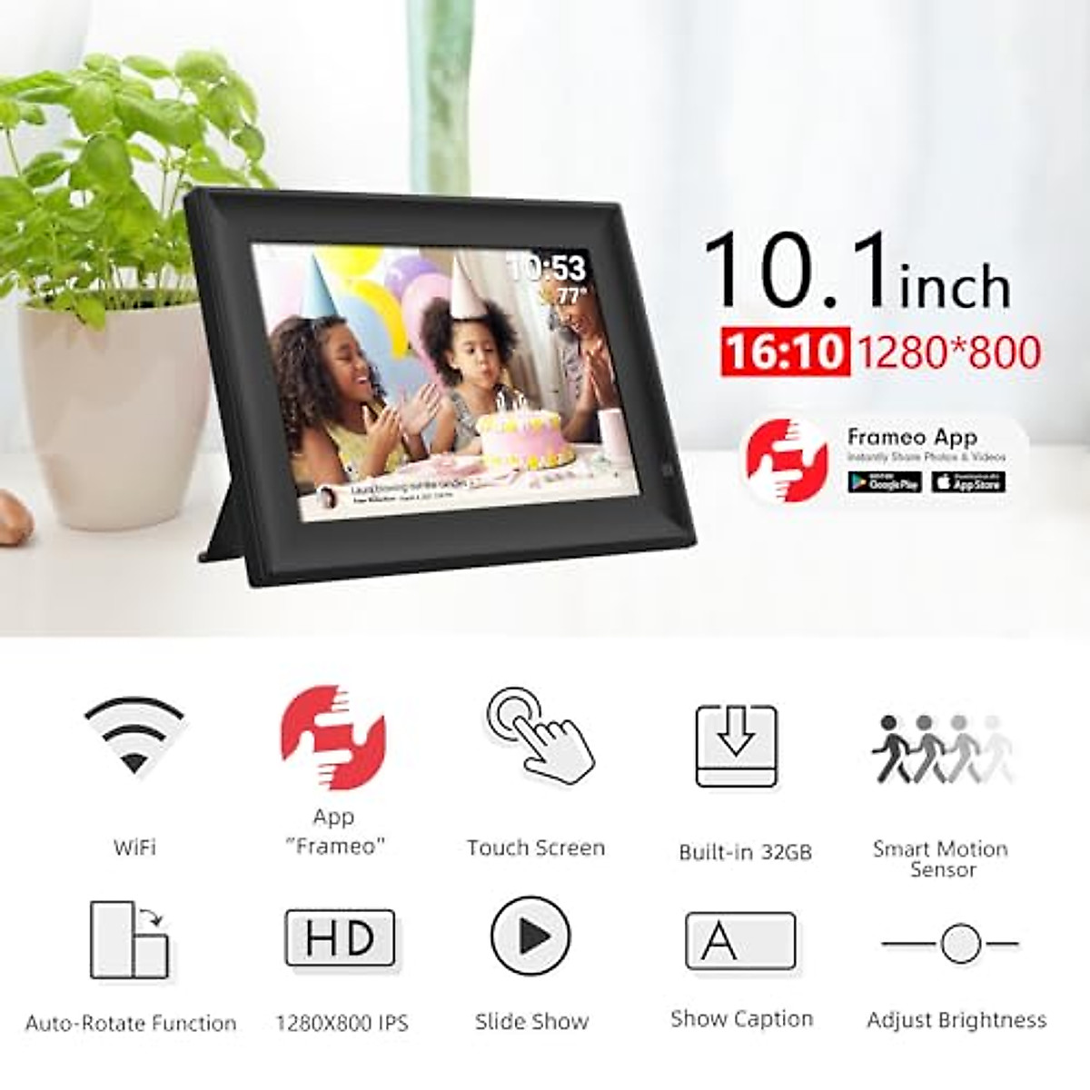 32GB FRAMEO 10.1 Inch Smart WiFi Digital Photo Frame 1280x800 HD IPS LCD Touch Screen, Auto-Rotate, Motion Sensor, Built in 32GB Memory, Share Moments Instantly via Frameo App from Anywhere