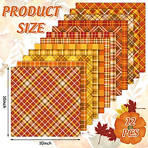 Whaline 12Pcs Fall Cotton Fabric Bundles 10 x 10 Inch Autumn Buffalo Plaid Fat Quarters Plaid Quilting Patchwork Squares Sewing Fabrics for Harvest Thanksgiving DIY Handmade Craft Home Party Decor