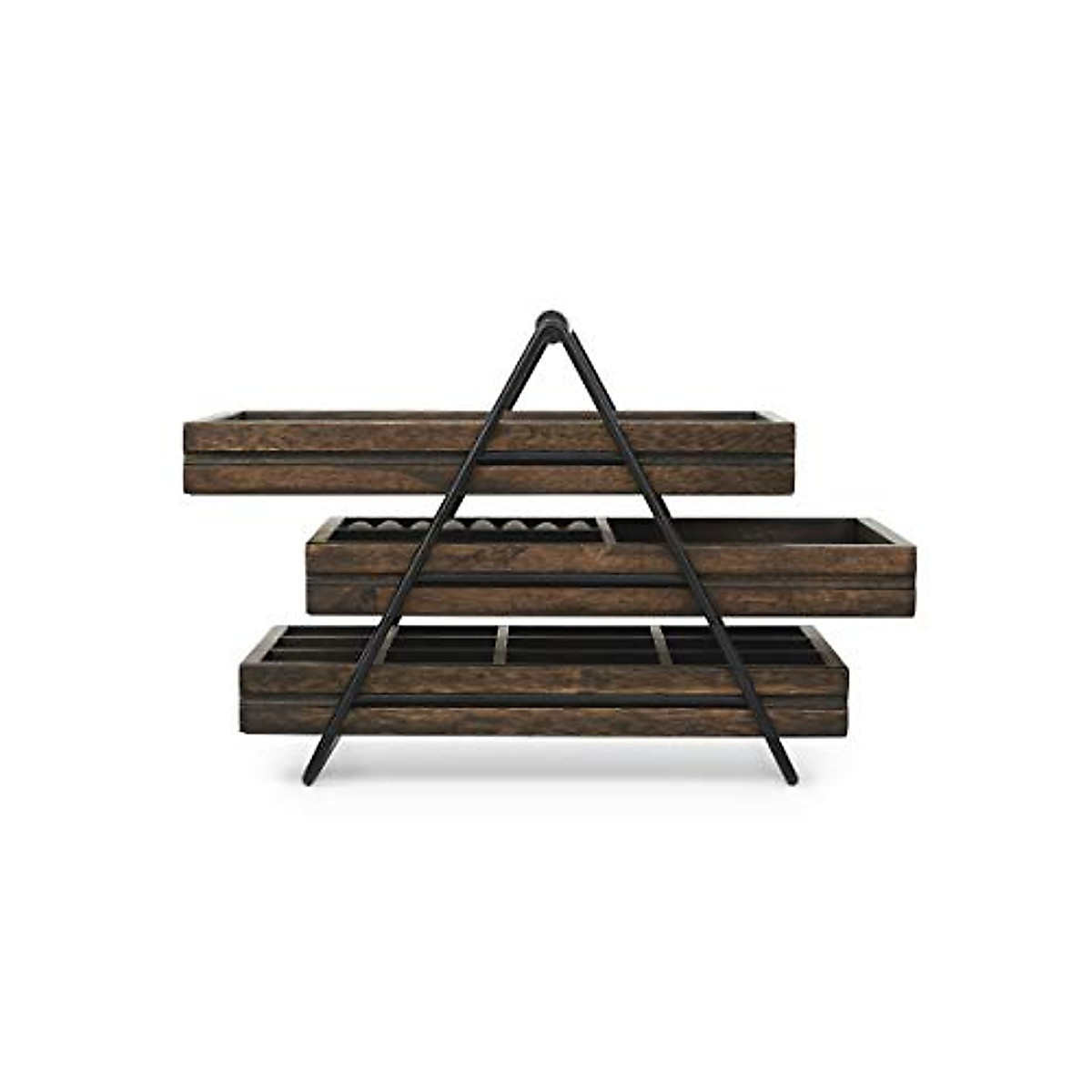 Umbra Terrace Tier Jewelry Three Sliding Linen Lined Wood Trays with Metal Frame and Handle, Easy Storage and Access, Walnut, 3 Each