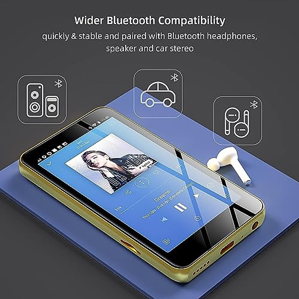 80GB MP3 Player with Bluetooth and WiFi, MP4 MP3 Player with Spotify,Spotify Kids，4" Full Touch Screen with Pandora, Music Player with Audible，Android MP3 with Speaker (Gold_Black)