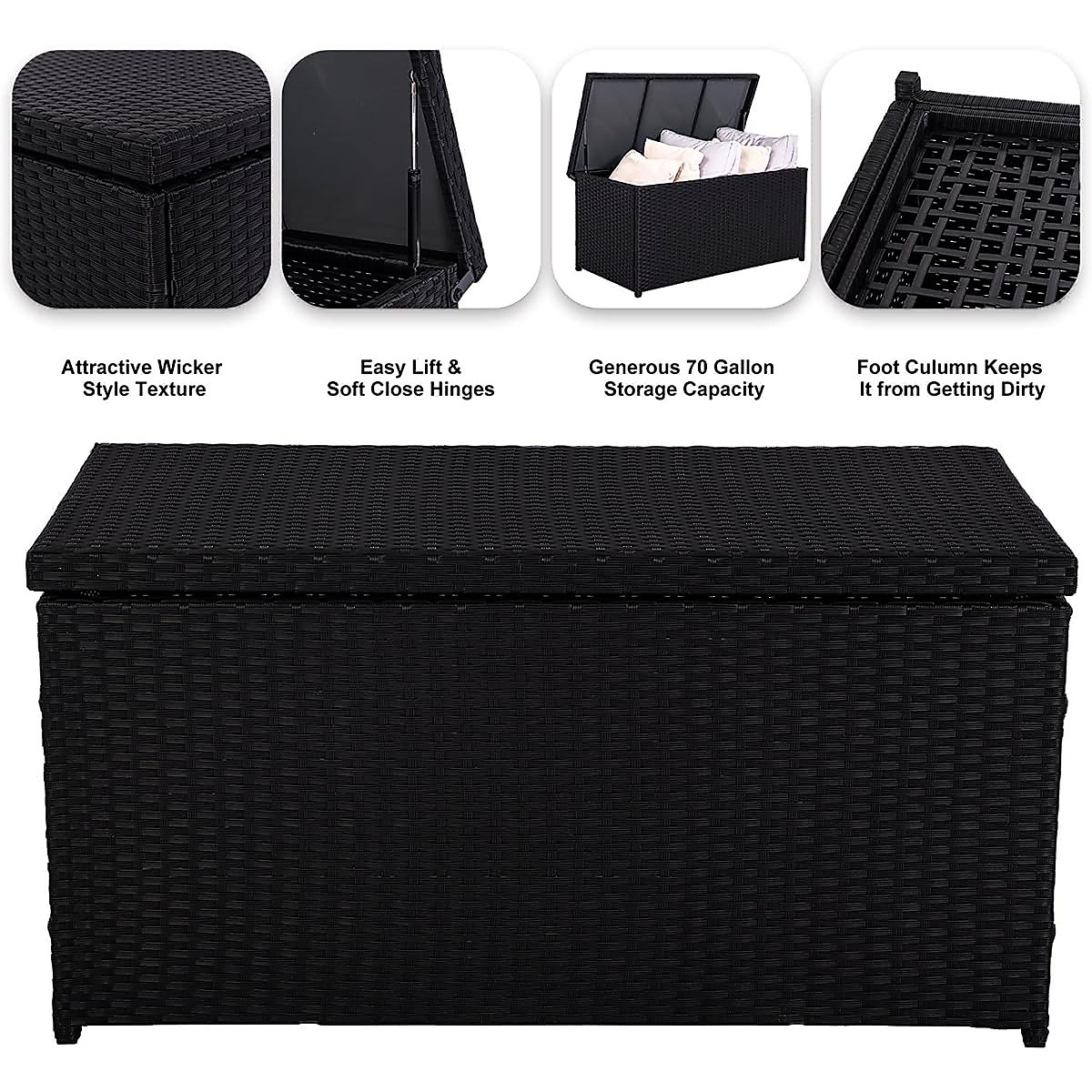 Outdoor 70 Gallon Wicker Storage Box with Waterproof Liner, Patio PE Rattan Storage Container for Outside, Deck Box with Hinged Lid for Cushions, Pillows, Towels, Horizontal Bin, Black