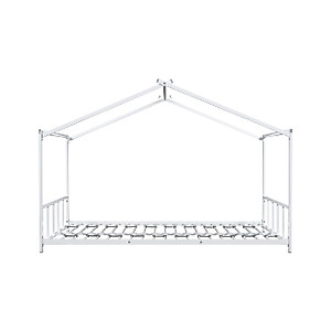 PVWIIK Full Size Montessori Toddler Floor Bed with Headboards and Footboards, Metal House-Shaped Bed Frame with Soundproof Strip for Girls and Boys, Kids Playroom, No Box Spring Needed (White)