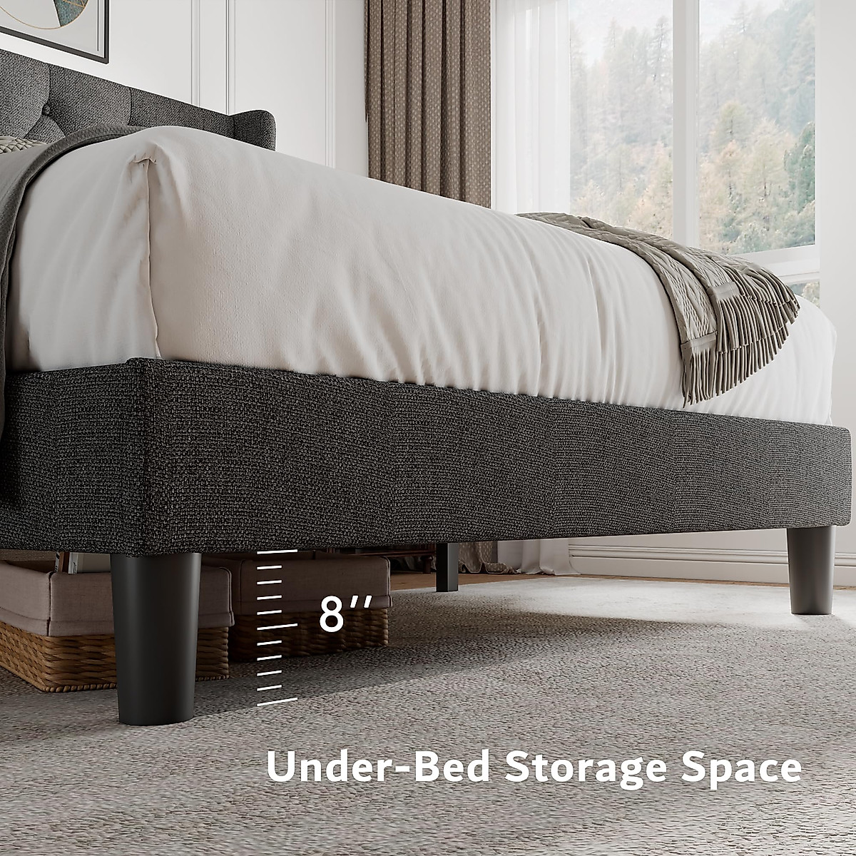 iPormis King Size Platform Bed Frame with Button Tufted Headboard, Upholstered Bed Frame with Solid Wooden Slats, 8" Underbed Space, No Box Spring Needed, Noise Free, Easy Assembly, Dark Gray