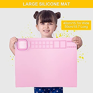 Silicone Painting Mat, Art Mat with Cup, Craft Paint Brush Cleaner Tool, Artist for Kids Gift Clay DIY Creations (Pink)
