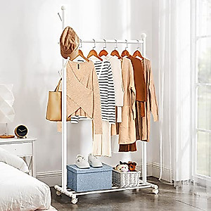 JZM Clothing Racks for Hanging Clothes, Rolling Clothes Rack, Rolling Garment Rack, Multi-functional Garment Rack Freestanding Hanger with 5 Rods, Side Hooks and Lockable Wheels, White Clothing Rack