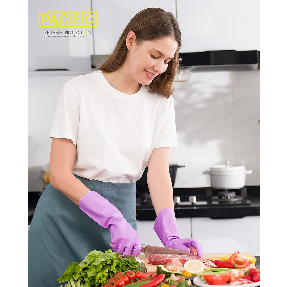 PACIFIC PPE 4 Pairs Reusable Dishwashing Cleaning Gloves with Latex Free, Cotton Lining, Kitchen Gloves, Purple, Small