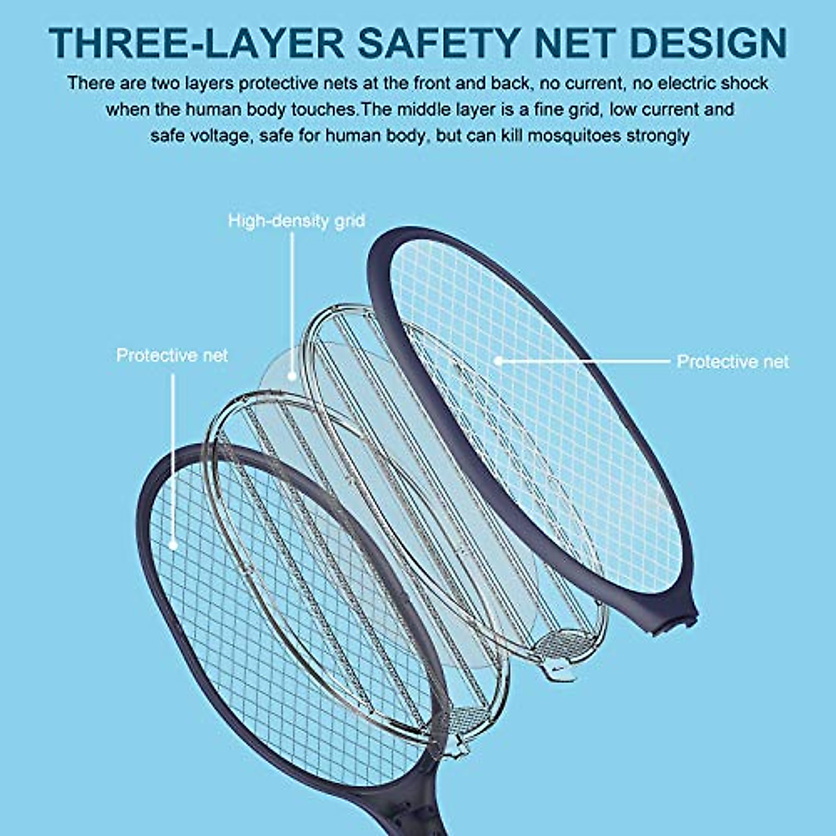 VANELC Fly Swatter Electric Zapper Racket, Upgrade 2023 Rechargeable Bug Zapper Racket, Portable 2-in-1 Mosquito Killer Trap with 3 Layer Safety Mesh for Home, Bedroom, Patio - Use 3000V Grid, Blue