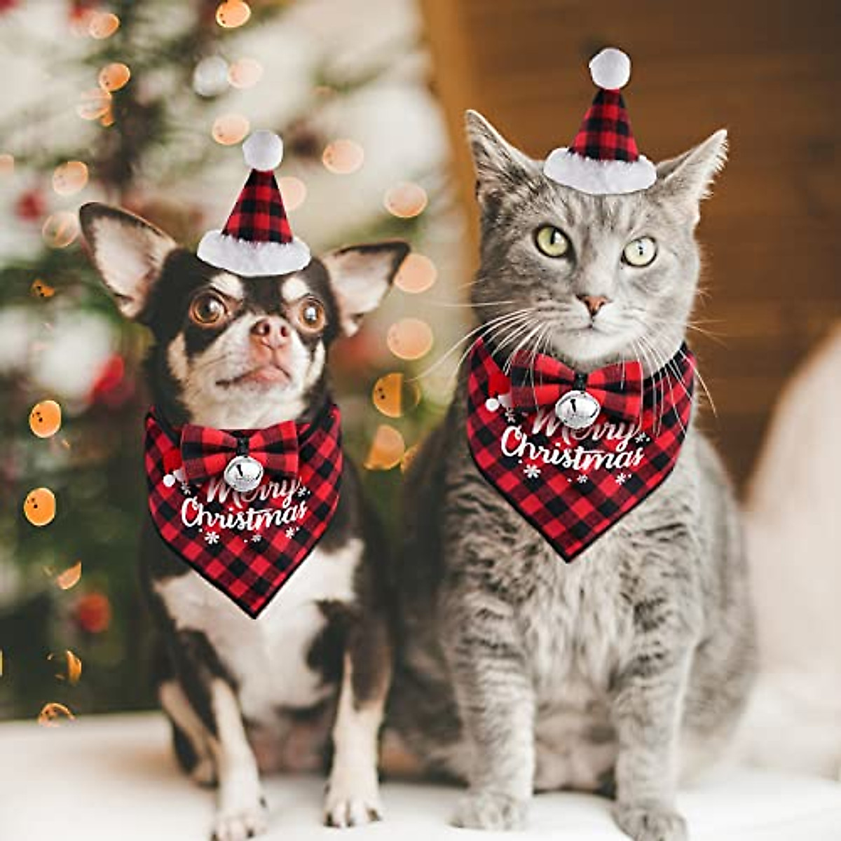 Christmas Dog Bandanas 3 Piece Dog Santa Hat Scarf Bow Tie Set Buffalo Plaid Bib Costume for Pet Christmas Outfit for Small Medium Dogs Cats