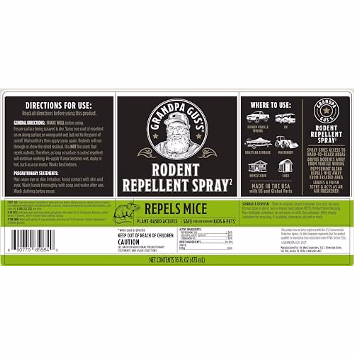 Grandpa Gus's Double-Potent Rodent Repellent Spray, Peppermint & Cinnamon Oil, Prevents Mouse/Rats from Nesting & Chewing on Wires, 16 fl oz (Pack of 1)