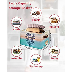 Storage Basket,Summer Ocean Quotes with Starfish Collapsible Storage Bin with Handles Waterproof Foldable Cube Bins Chic Wooden Board Large Organizer Baskets for Shelves Closet Nursery