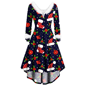 Red Dresses for Women Sexy Santa Christmas Printed Midi Dresses Furry V-Neck A-Line Swing Party Dress Cosplay Costume