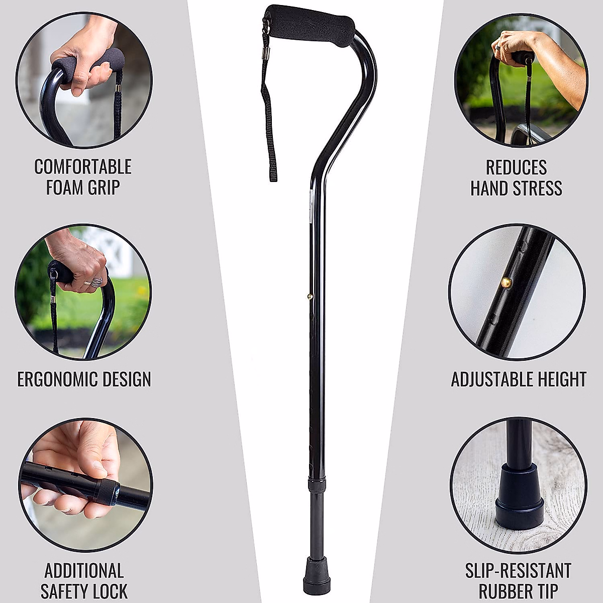 DMI Walking Cane and Walking Stick for Adult Men and Women, FSA Eligible, Lightweight and Adjustable from 30-39 Inches, Supports up to 250 Pounds with Ergonomic Hand Grip and Wrist Strap, Black