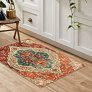 Chaelilife Oriental Floral Medallion Doormat - 2'x3' ft Persian Cream Floral Entry Rug Boho Collection Faux Wool Doormat Non-Slip Washable Carpet for Indoor Front Entrance Kitchen Bathroom Living Room