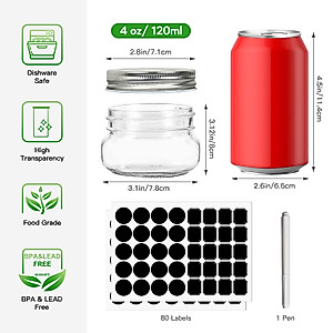 STARSIDE 4 oz Glass Mason jars,24 Pack Glass Canning Jars With Regular Mouth Lids, Perfect Containers for Jam, Honey, Candies,Overnight Oats,Wedding Favors. Included 1 Pens and 80 Labels.