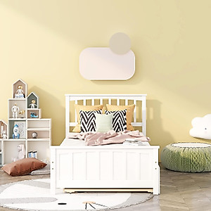MERITLINE Kids Twin Bed with Trundle, Platform Bed Trundle Twin Bed with Headboard and Footboard for Girls Boys, No Need Box Spring, White
