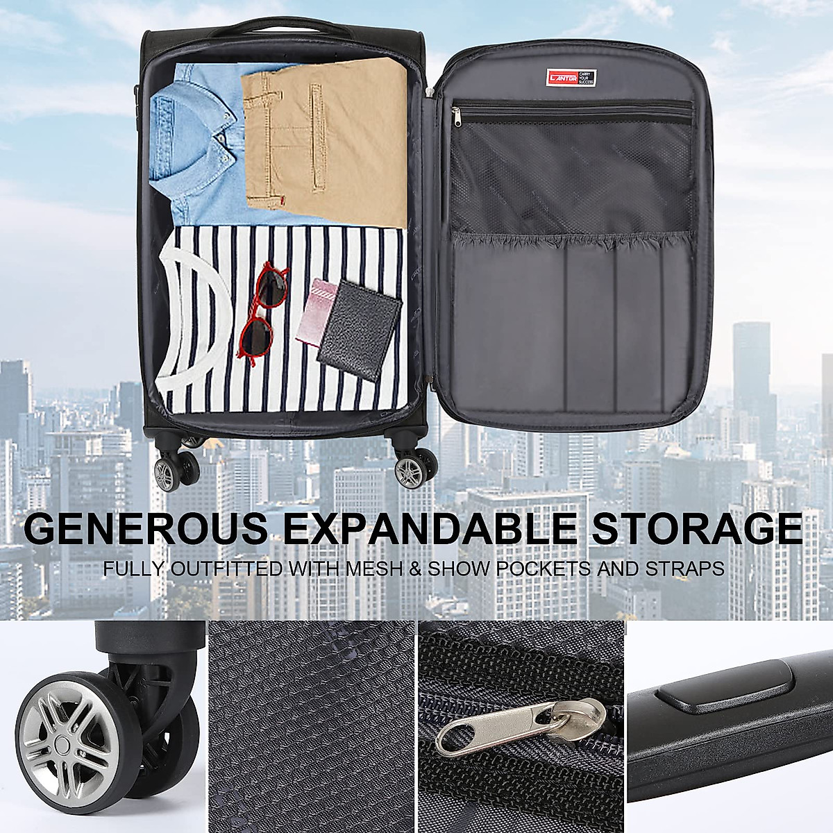 Cantor Ultra Lightweight Softside Luggage with Spinner Wheels, Set of 3, Expandable Suitcase with Retractable Handle and ID Tag, and Interlocking Zippers with TSA Lock (Grey)