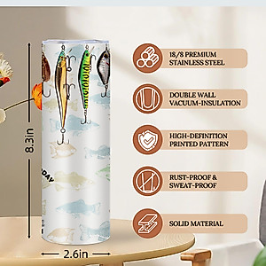 MoYueno Fishing Gifts, Slim Fish Tumbler with Lid & Straw & Brush, Fisherman Cup, Grandpa Fishing Gifts, Fathers Day Gift For Dad, 20 Oz
