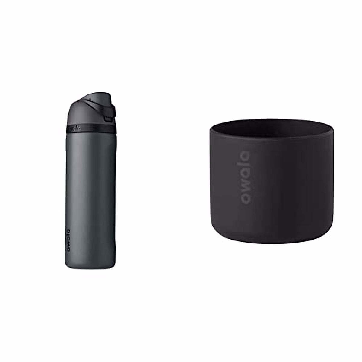 Owala FreeSip Insulated Stainless Steel Water Bottle with Straw for Sports and Travel, BPA-Free, 24-Ounce, Grayt & Silicone Water Bottle Boot, Anti-Slip Protective Sleeve Cover, Black