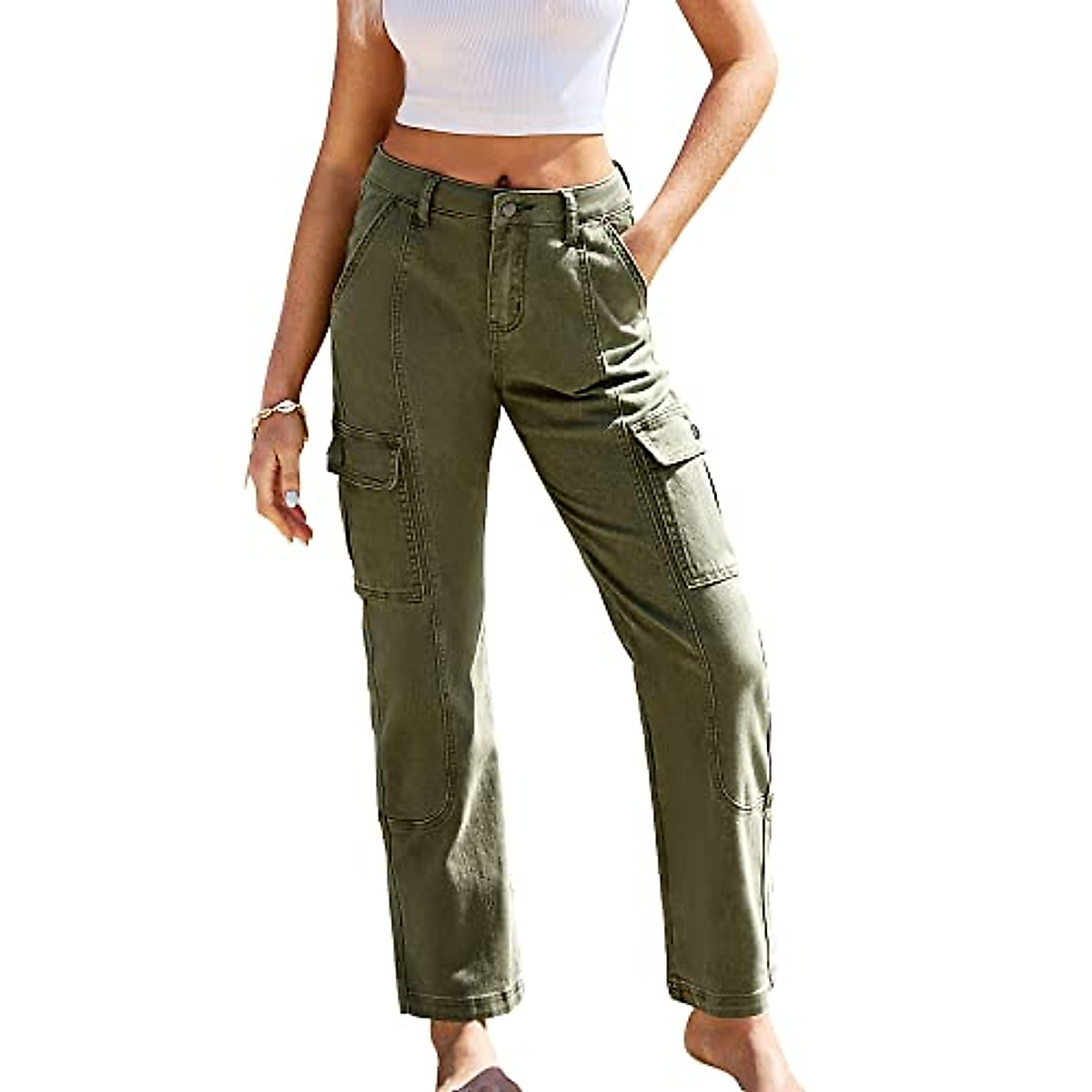 GRAPENT Women Pants Trendy Pants Womens Summer Clothes True Classic Chino Pants Women Trousers Camo Cargo Pants Color Army Green Size 6