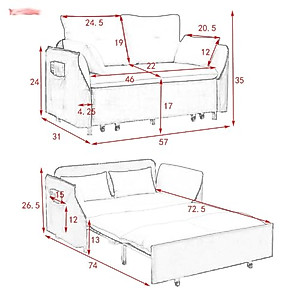 ADUH 57" Convertible Sofa Bed with 2 Detachable Arm Pockets, Velvet Loveseat Multi-Position Adjustable Sofa with Pull Out Bed