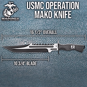 USMC Operation Mako Knife | 10 3/4" Full-Tang Stainless Steel Blade | Sawback and Partial Serrations | Hard TPU Handle | Nylon Belt Sheath | 16 1/2" Overall Length