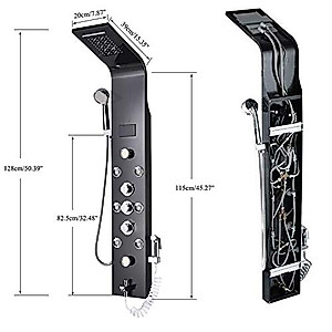AlenArt Wall Mount Stainless Steel LED Shower Panel Tower System, Rainfall Waterfall Shower Head, Hydroelectricity Display with Massage Jets,Black