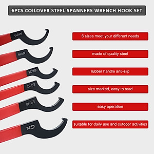 LynTorin 6pcs Coilover Adjustable Steel Spanners Wrench Hook Tool For Suspension System and Shock Adjustments