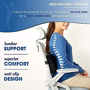 RELAX SUPPORT RS7-X Lumbar Support Pillow - Medium Firm Memory Foam Office Chair Back Support - Promotes Spinal Alignment & Better Posture - Non-Slip Strap, Washable Cover - Fits Wheelchair, Recliner