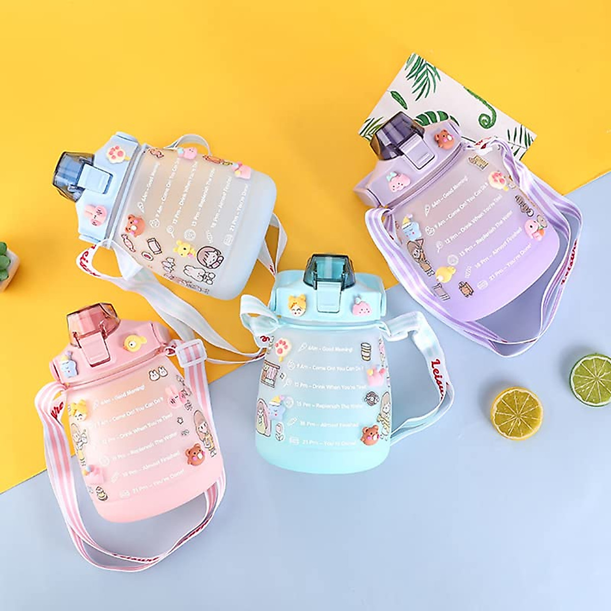 excvalues Kawaii Water Bottle with Strap, Large Capacity Cute Water Bottles with 3D Stickers, Portable Big Belly Bottle for School Outdoor Camping(Pink)