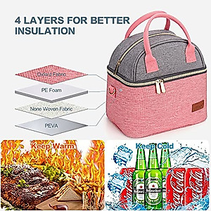 Urtala Insulated Lunch Bag for Women, 9L Dual Compartment Lunch Box with Shoulder Strap, Reusable Cooler Bag for Adult Office Work Outdoor Picnic, Pink Gray