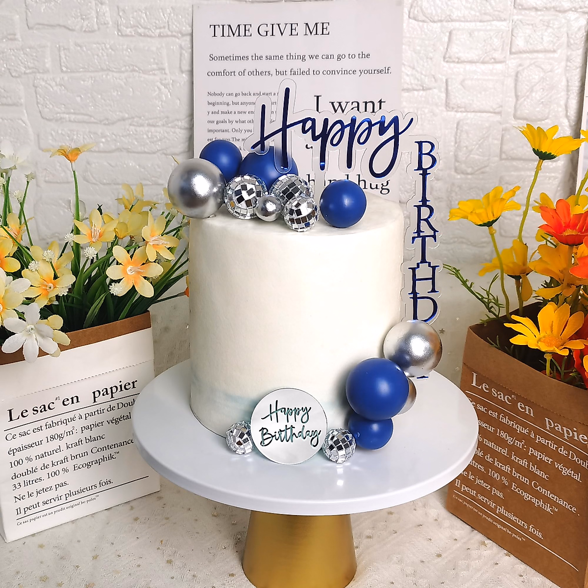 Man Cake Topper Blue Silver Disco Ball Cake Topper Boho Cake Topper Decorations for Navy Blue Boho Wedding Man Boy Birthday Party Baby Shower Supplies (Blue 02)