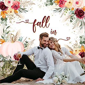 Mocsicka Fall in Love Bridal Shower Backdrop Burgundy Pink Pumpkin Bridal Shower Background Boho Autumn Bridal Shower Party Decorations Banner Photo Studio Props (7x5ft)