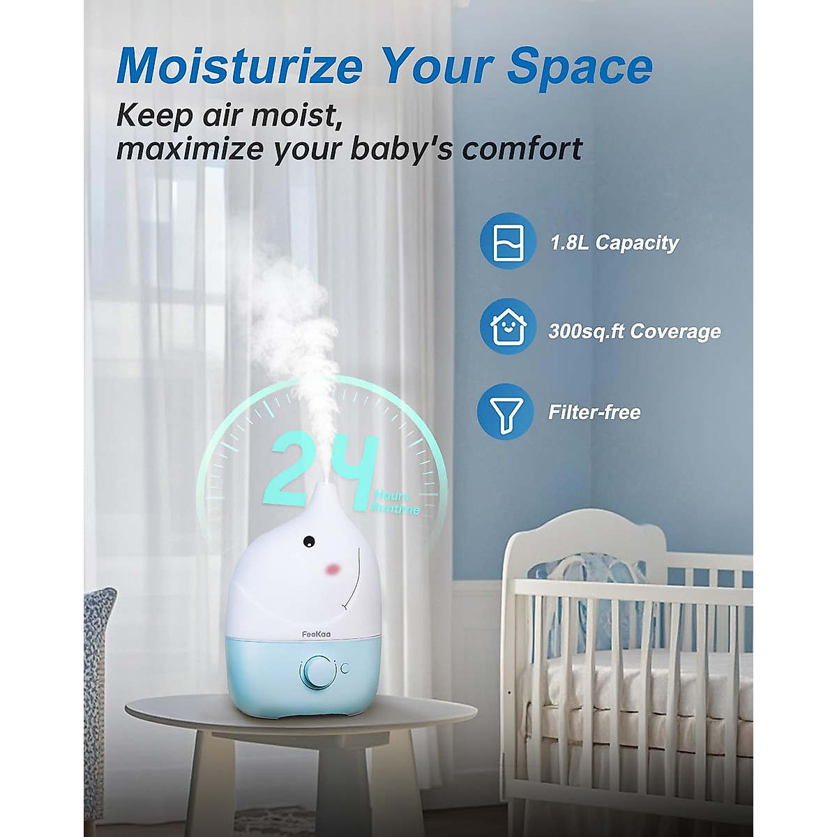 Feekaa Humidifiers for Bedroom Baby 3 in 1 - Top Fill Baby Humidifier & Essential Oil Diffuser & Night Light, BPA-Free Cool Mist Air Humidifier with Cute Stickers for Kids Bedroom Nursery Plants Home