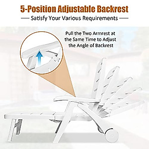 Tangkula Outdoor Chaise Lounge Chair, Adjustable 5-Posistion Recliner Chair with Built-in Wheels, Weather-Resistance Folding Lounge for Patio, Backyard, Poolside and Beach (1, White)