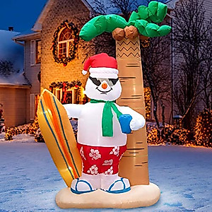 Holidayana 8 ft Christmas Inflatable Surfing Snowman Yard Decoration - 8 ft Tall Lawn Decoration, Bright Internal Lights, Built-in Fan, and Included Stakes and Ropes