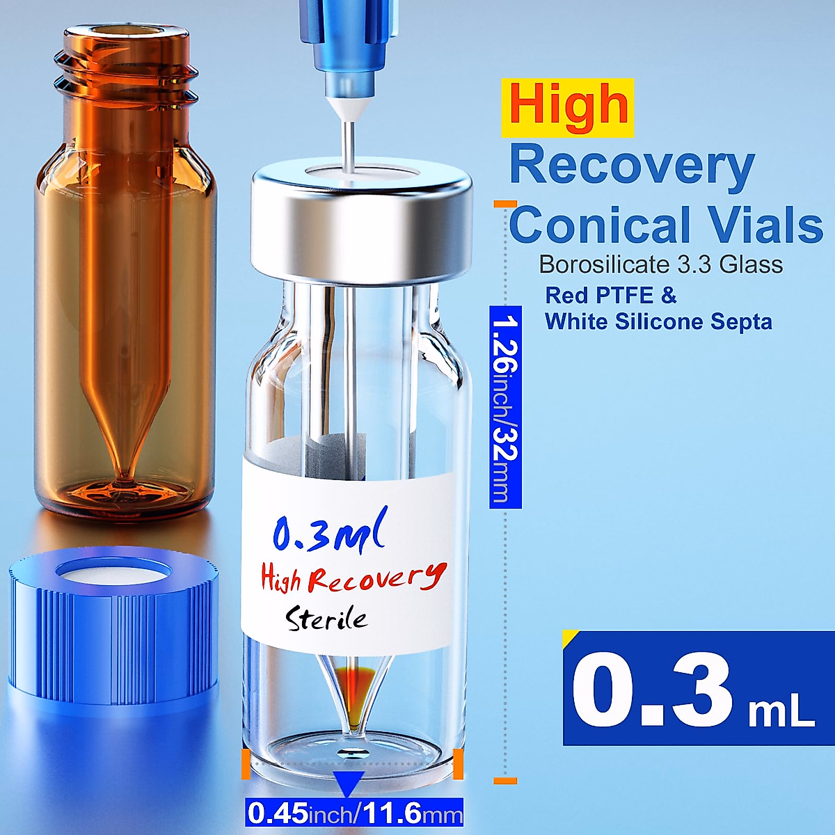 Borosilicate Glass V Vial, High Recovery Vial with Blue Screw Cap,0.3 mL Capacity Pack of 6 (Amber, 0.3mL)